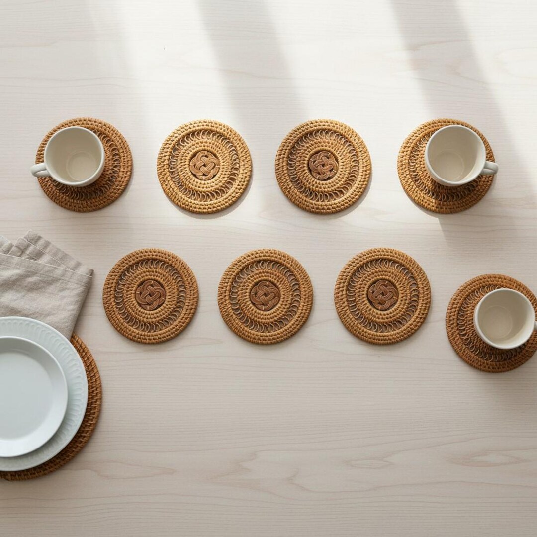 Handwoven Bamboo Coaster Set, Natural Drink Coasters, Rustic Rattan ...