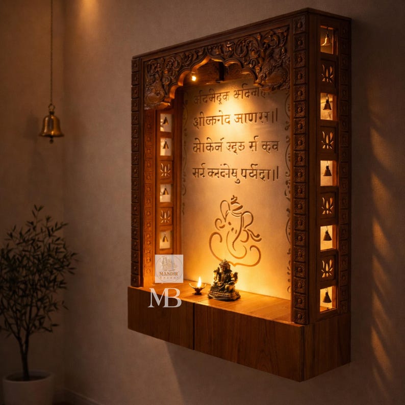 Hand Carved Wooden Wall Mounted Mandir With LED Light– Luxury Hindu ...