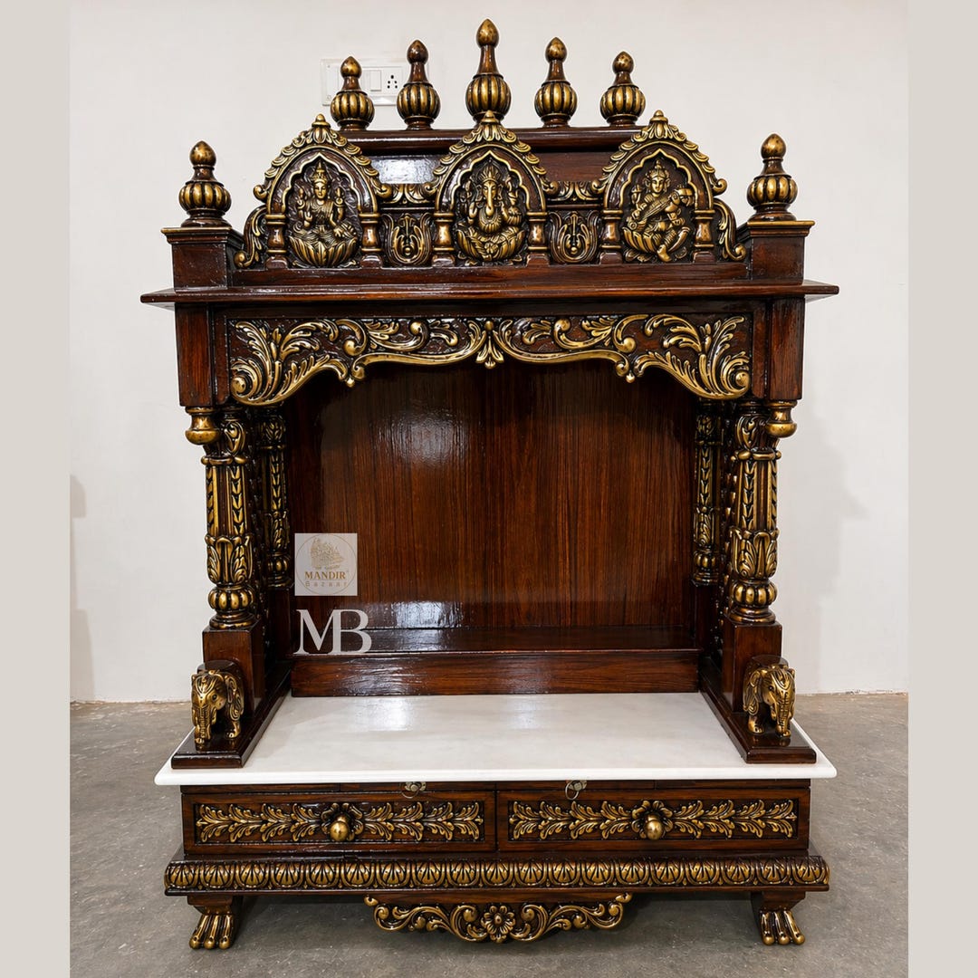 Handcrafted Solid Wood Mandir With Marble Base & Golden Carving ...