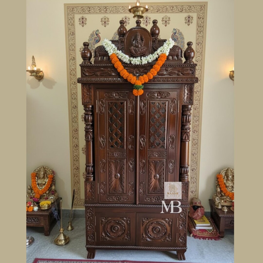 Solid Wood Temple for Home – Traditional Hindu Pooja Cabinet Shrine - Etsy
