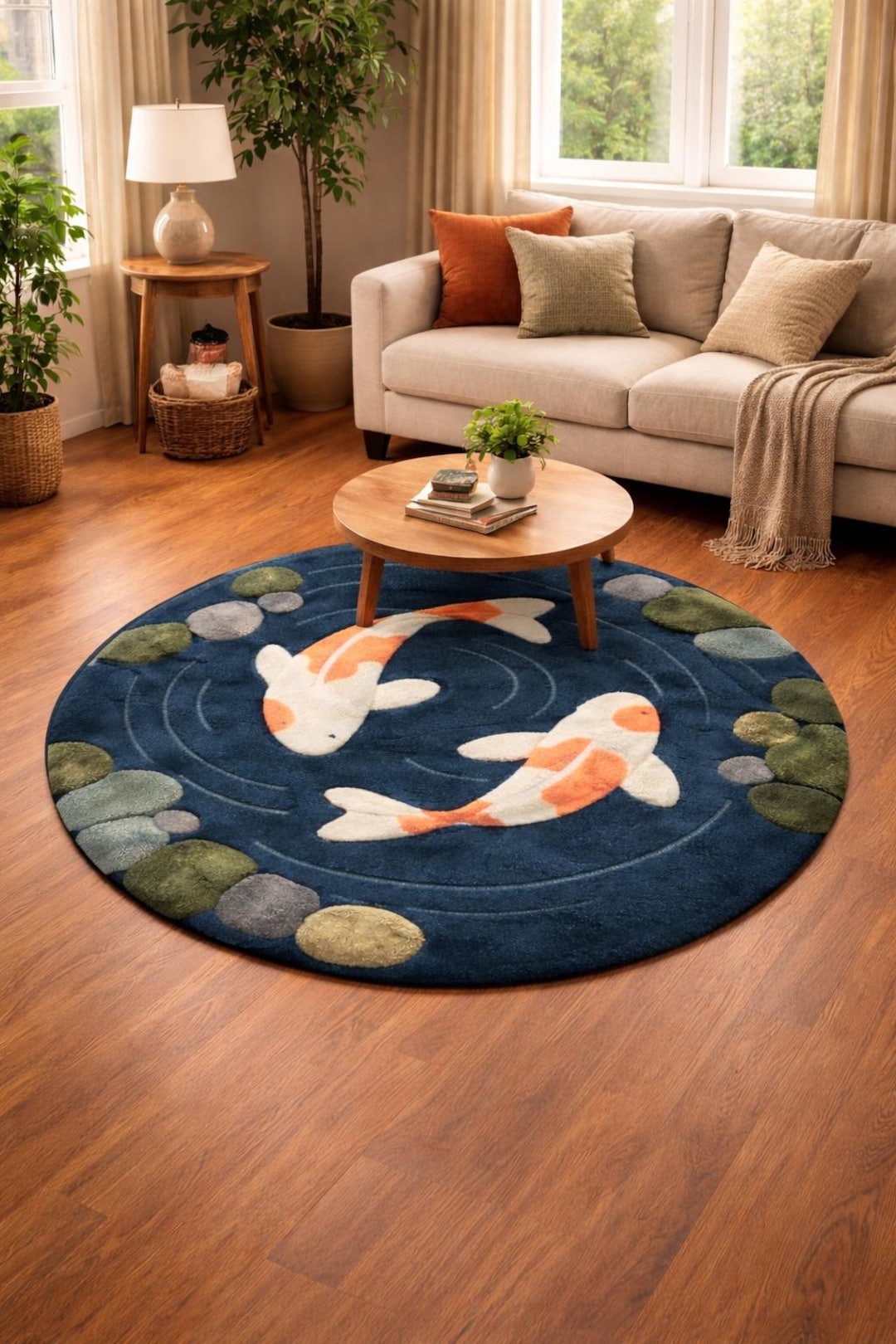 Round Koi Fish Area Rug With Blue Water Ripple Design – Hand Tufted ...