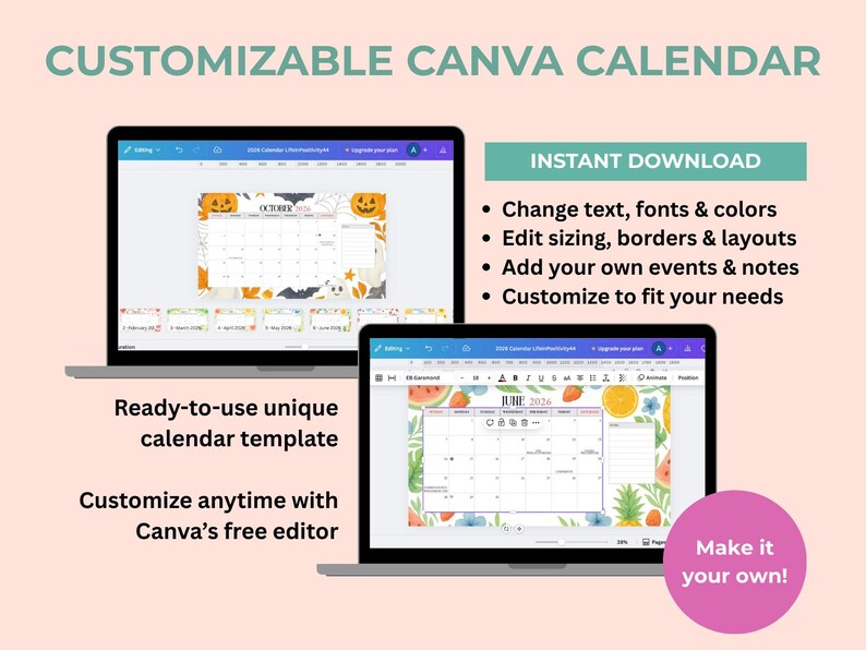2026 Printable Monthly Wall Calendar: Landscape, Editable Canva ...