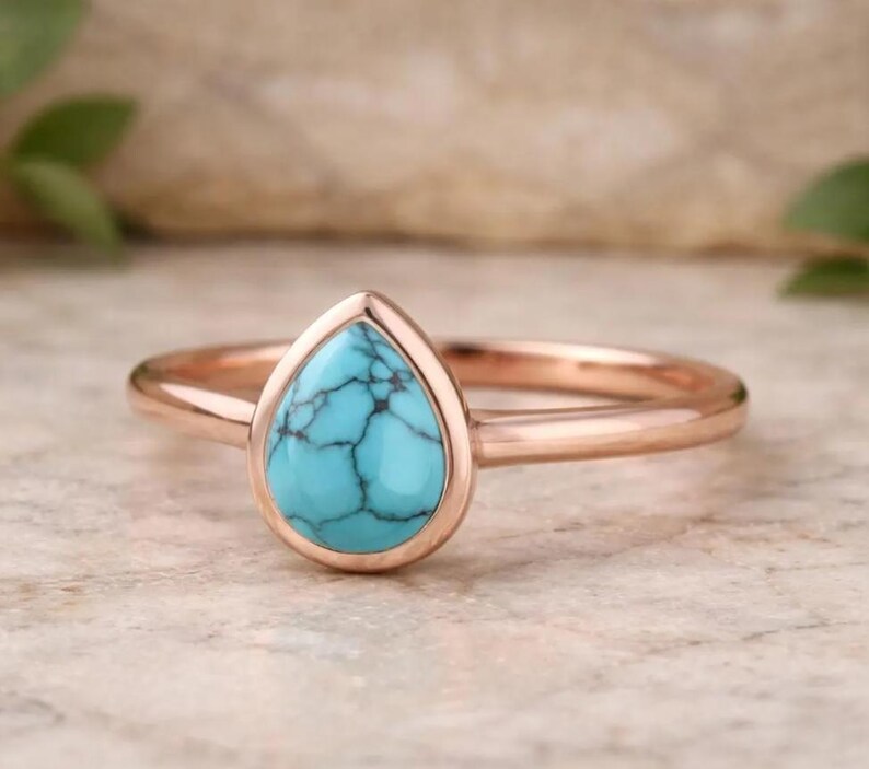 Bezel Set Pear Turquoise Engagement Ring, 14K Rose Gold Boho Wedding ...