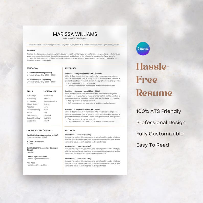 Engineering Resume Template for Canva | Ats-friendly Editable CV for ...
