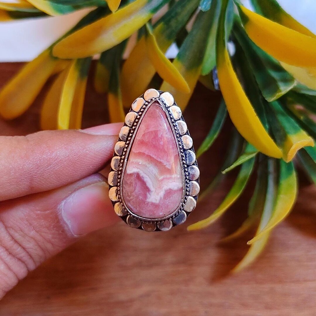 Rhodochrosite Ring, Genuine Pink Crystal Ring, Healing Stone Jewelry ...