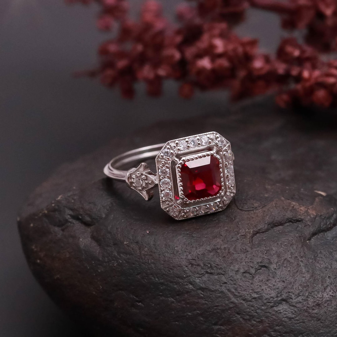Vintage Emerald Cut Ruby Red Ring | Sterling Silver Halo, CZ or ...