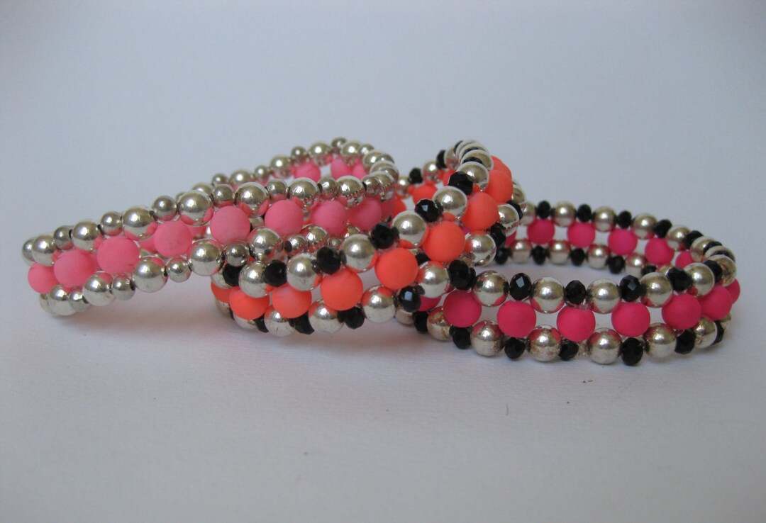 SALE - Bracelet Candy Pink Fluro Coated Glass Beads Black Crystal Beads ...