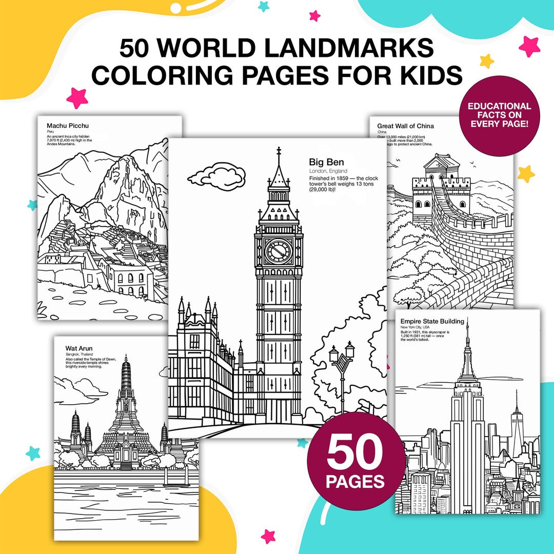 50 World Landmarks Coloring Pages for Kids: Educational Activity (PDF ...