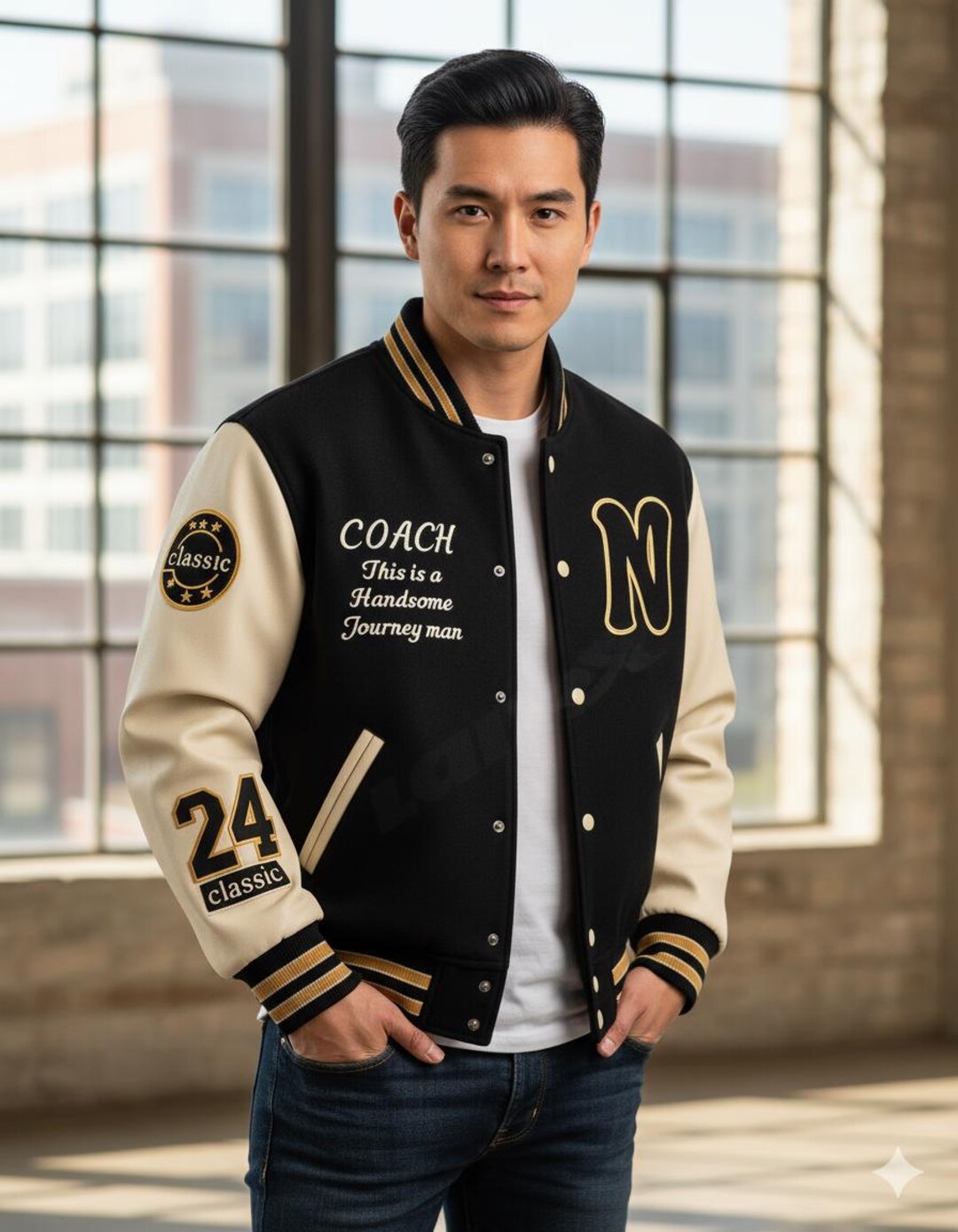Vintage Varsity Letterman Jacket Black & Cream Embroidered Bomber ...