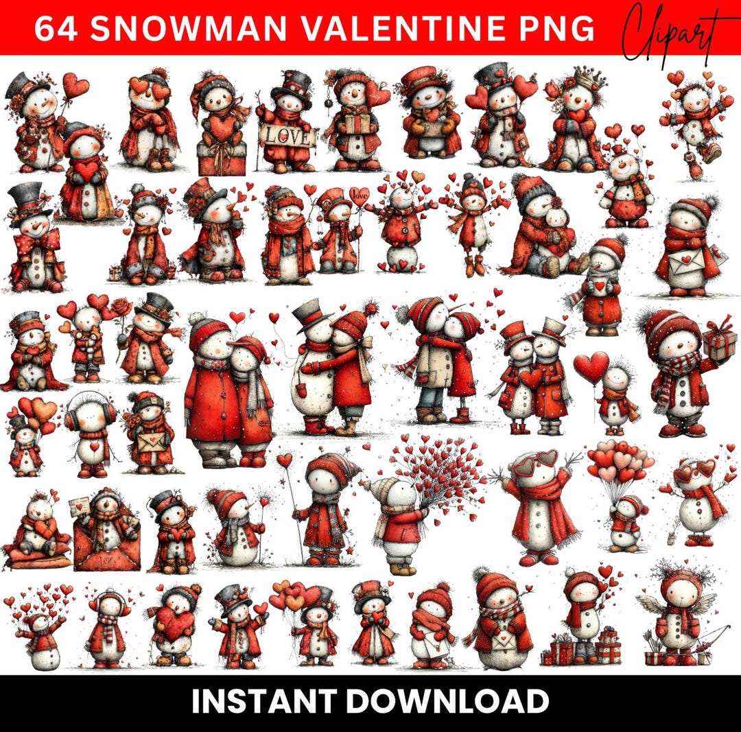 Watercolor Snowman Valentine Clipart – 64 Love Pngs (digital Download ...