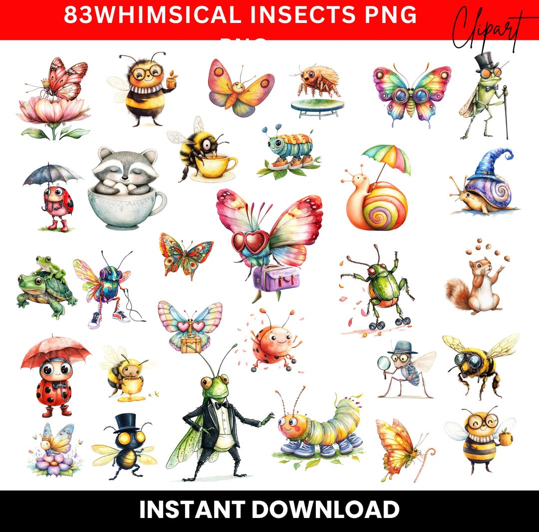 Whimsical Insects Clipart: Bugs Spring Graphics (digital Download -83 ...