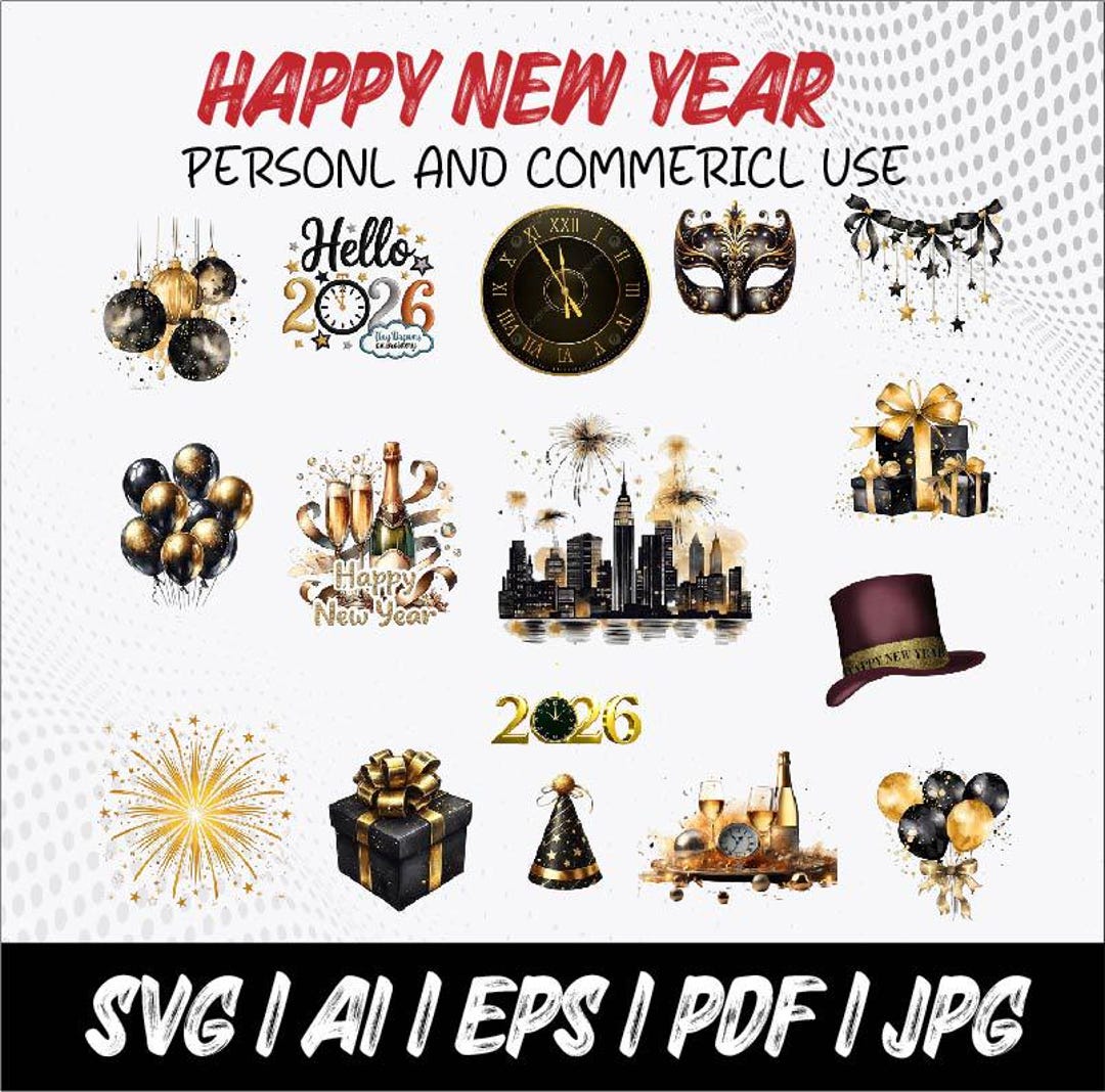 New Year Clipart Bundle: Gold Glitter, Champagne, Balloons (PNG, SVG ...