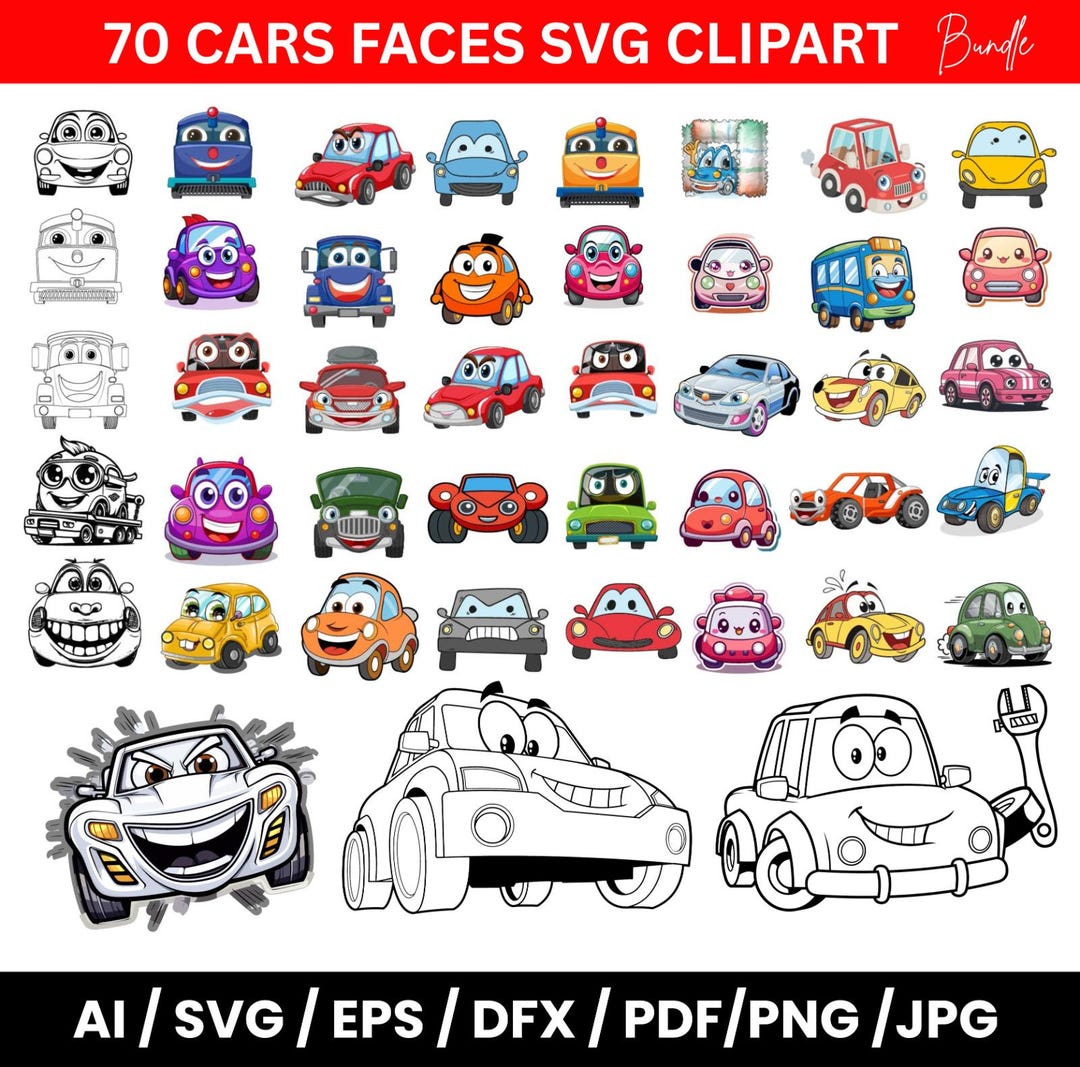 Cars Faces SVG Clipart Bundle: Cartoon T-shirt Designs (digital ...
