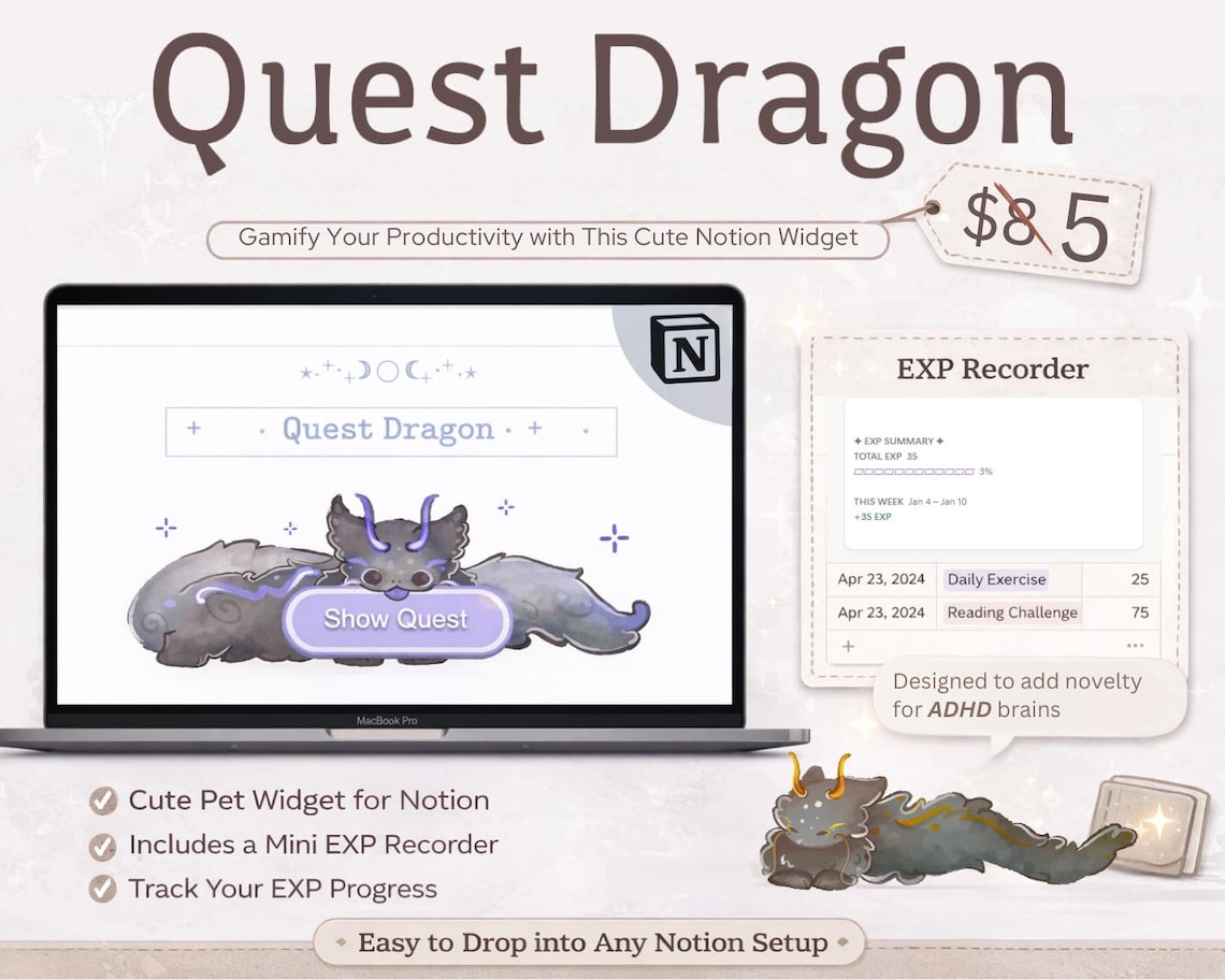 Notion Template Widget || ADHD Quest Dragon Widget | Gentle Motivation ...