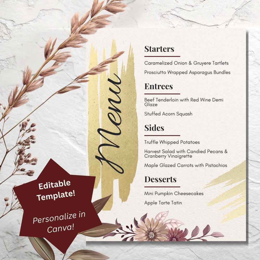 Golden Glam Friendsgiving Menu | Editable 5x7 Menu Template | Fall ...