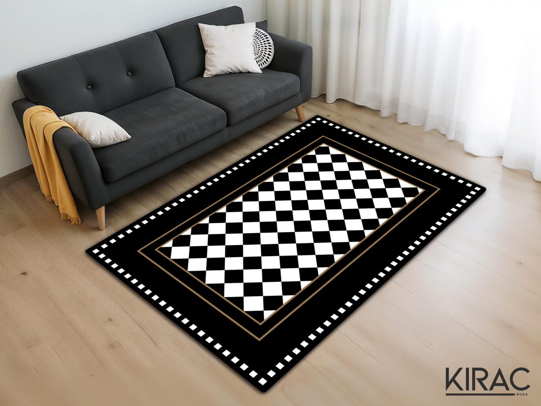Checkered Rug, Black Border on Check Pattern Nonslip Area Rug, Black ...