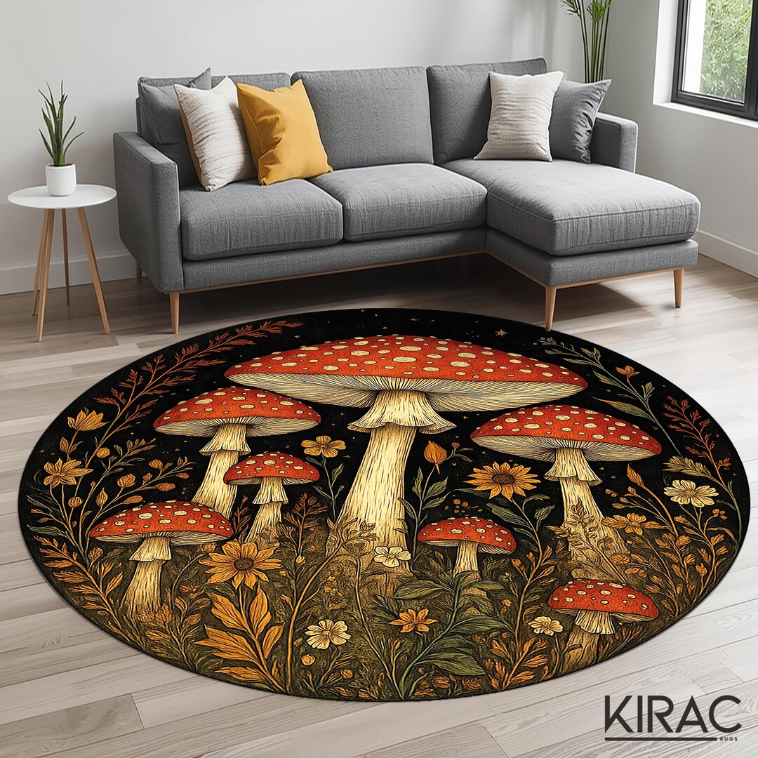 Mushroom Forest Carpet – Boho Round Rug With Botanical Fungi Design for ...