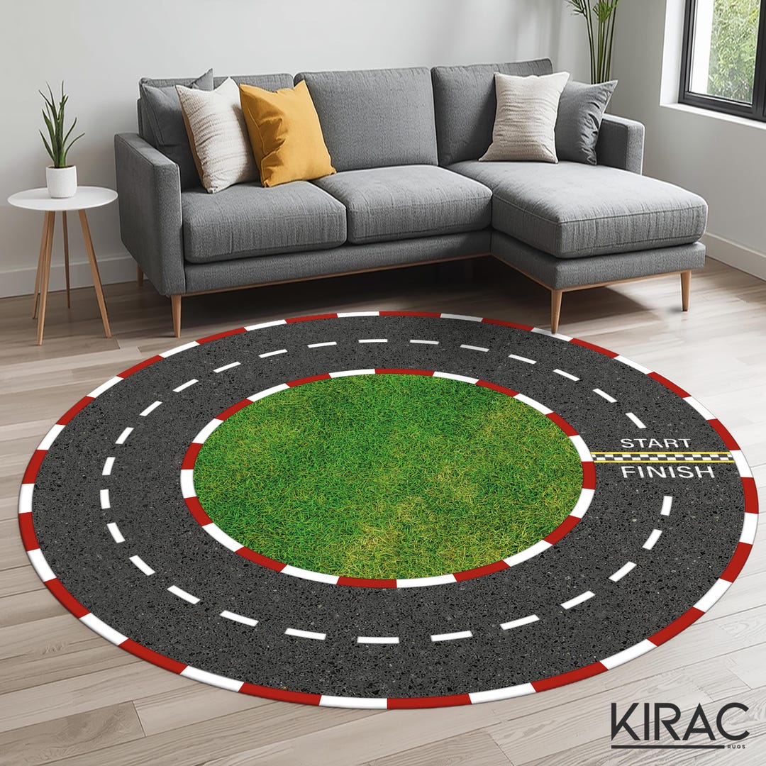 Racetrack Round Rug – Car Track Play Mat for Kids, Racing Game Carpet ...
