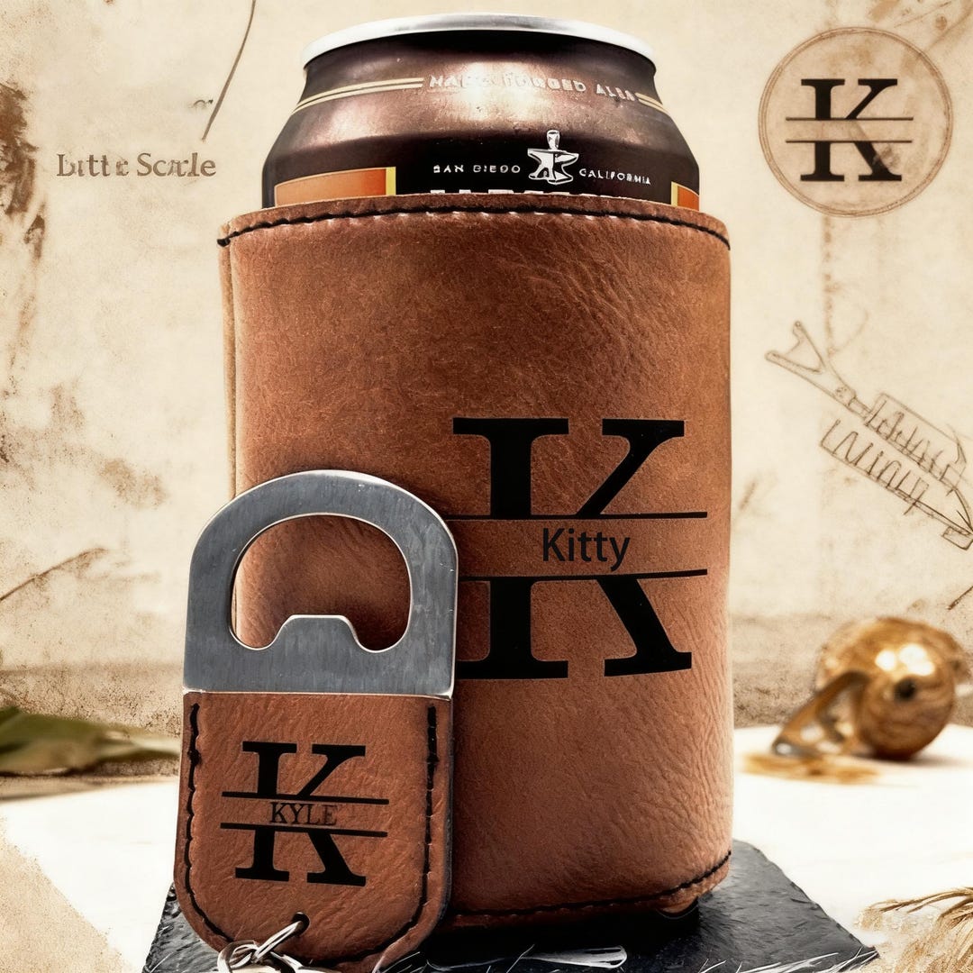 Custom Leather Beer Can Holder & Bottle Opener Set / Name , Engraved ...