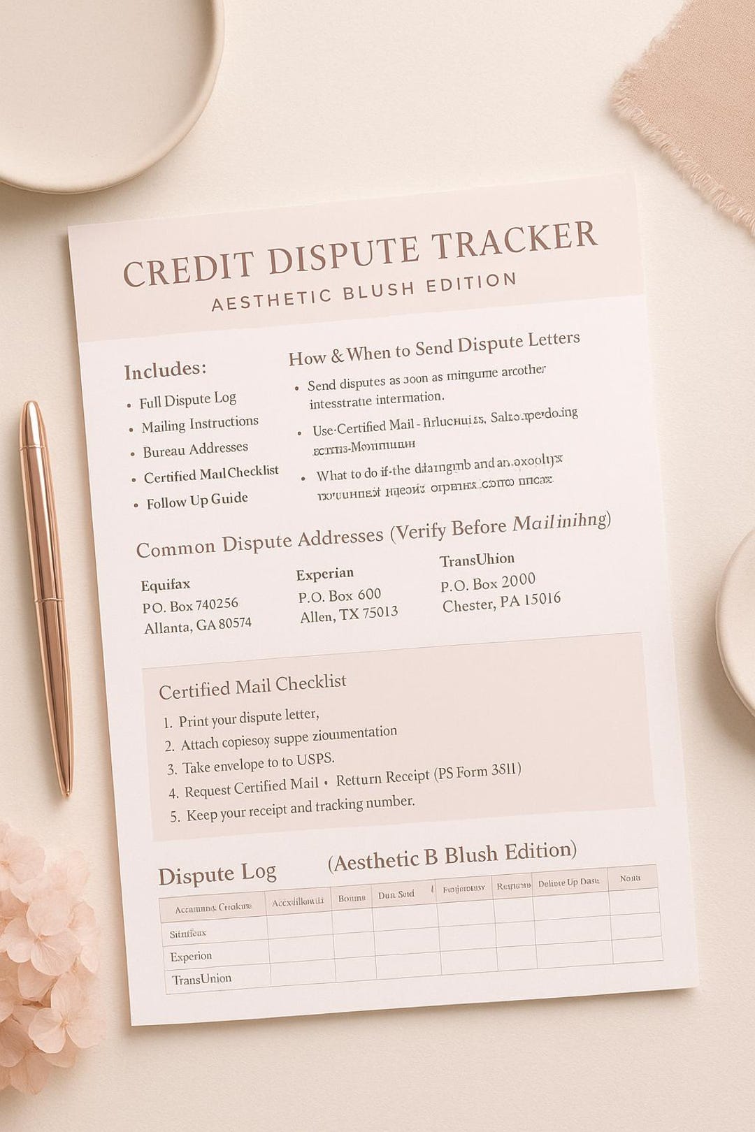 Credit Dispute Tracker PDF | Aesthetic Blush Credit Repair Log ...