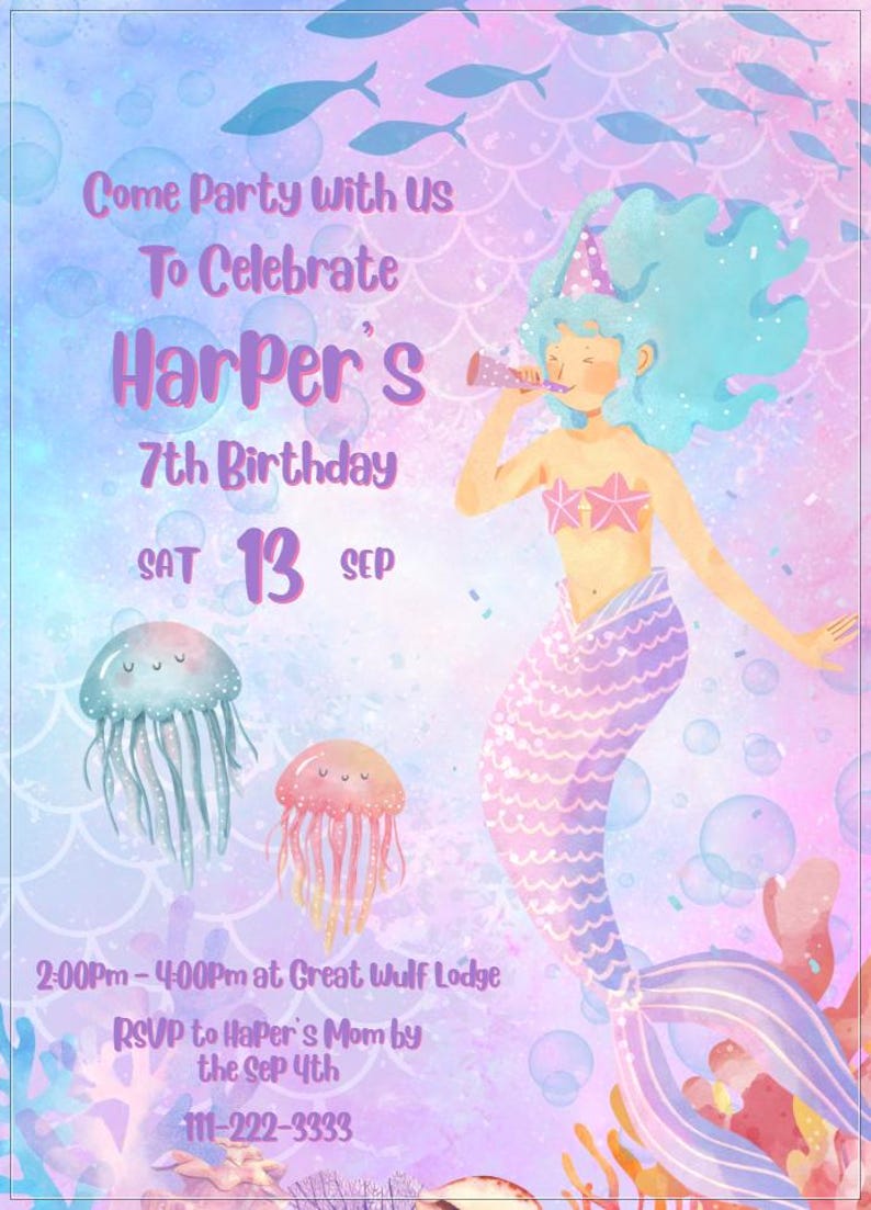 Editable Digital Mermaid Birthday Invitation: Canva Template (5x7 In ...
