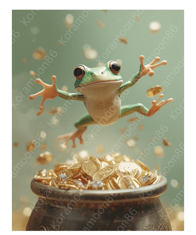 Lucky Frog Wall Art: Golden Coin Pot, Prosperity Print (digital ...