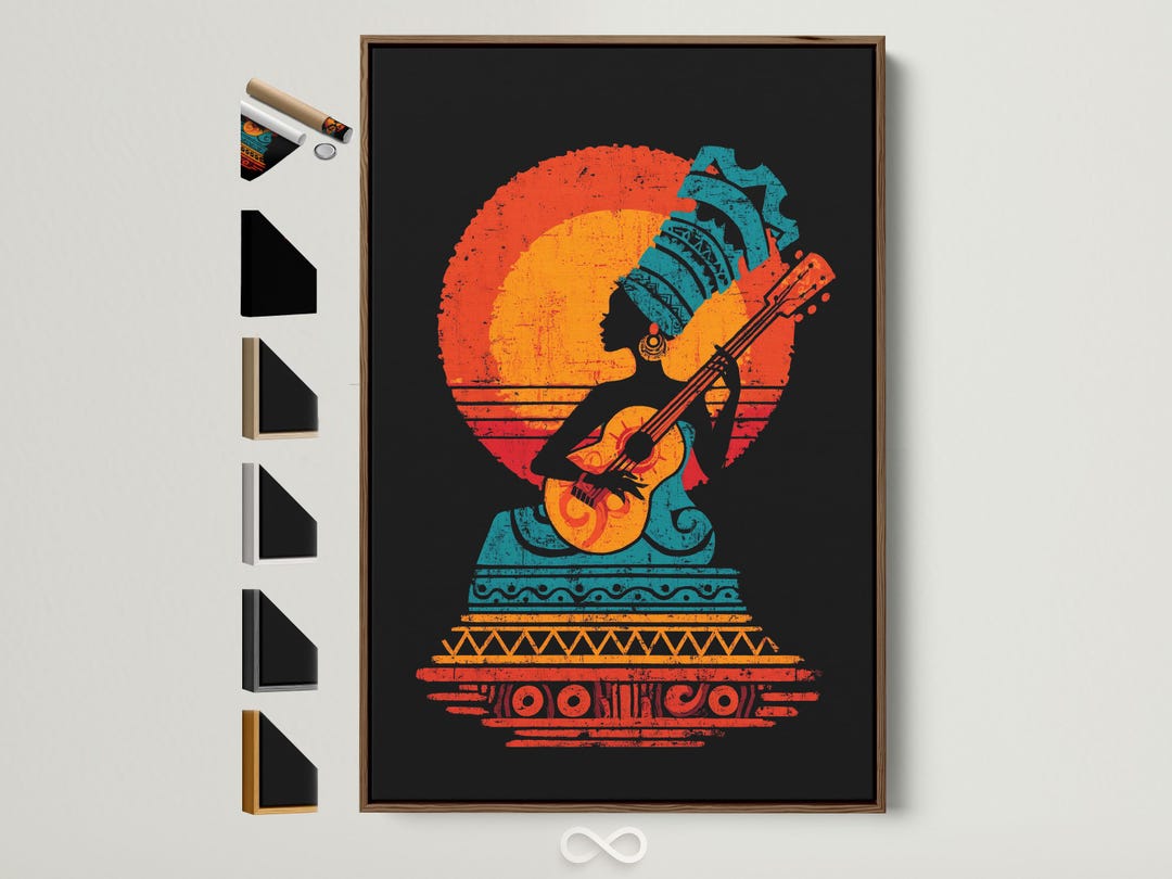 Aztec Guitar Player Art Print - Vintage Sunset Music Poster, Bohemian ...