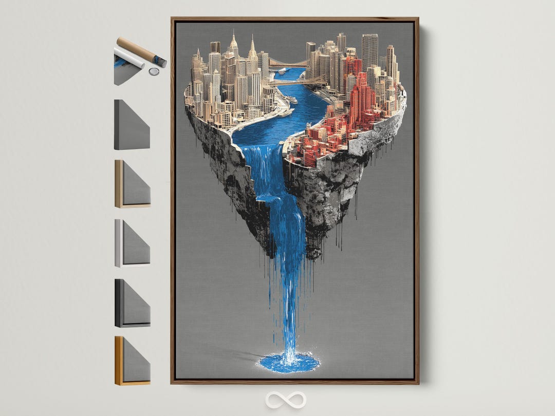 Floating City Canvas Print - Urban Island Wall Art, Blue Waterfall ...