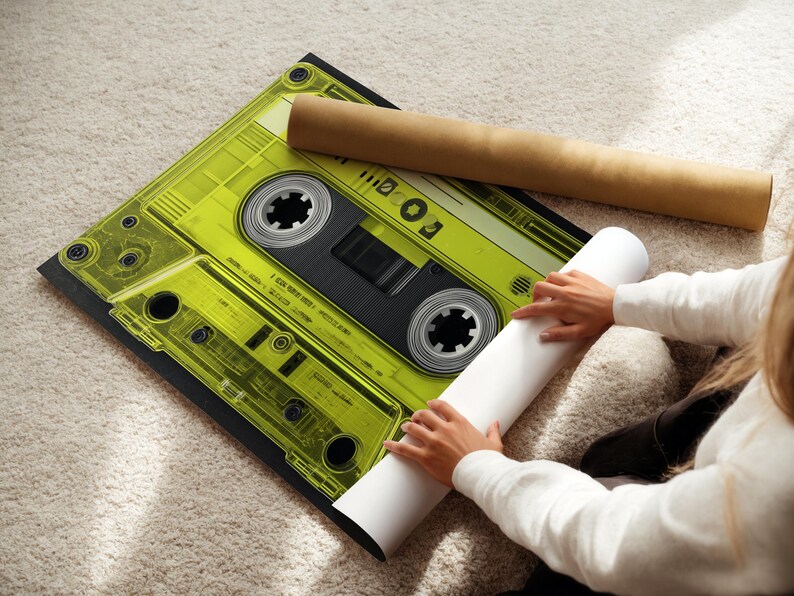 Lime Green Cassette Tape Canvas Art - Retro 80s Music Print, Vintage ...