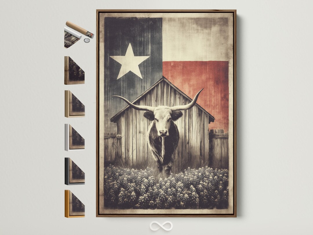 Longhorn Steer Canvas Print - Vintage Texas Flag Wall Art, Rustic Sepia ...