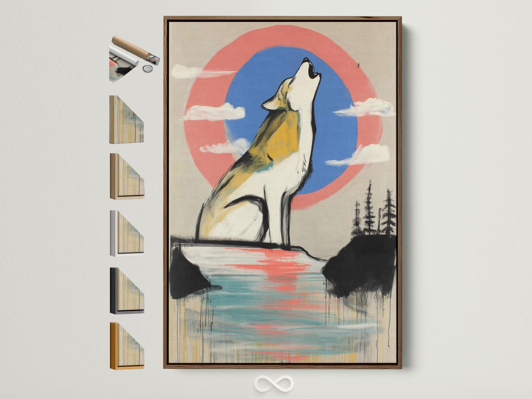 Howling Wolf Canvas Art Print - Abstract Coral Blue Sky, Modern Animal ...