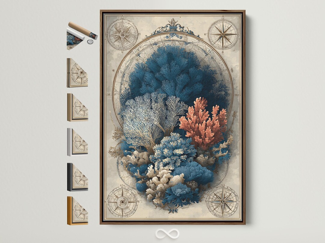 Coral Reef Map Art Print - Nautical Wall Art, Beige & Blue Ocean Home ...