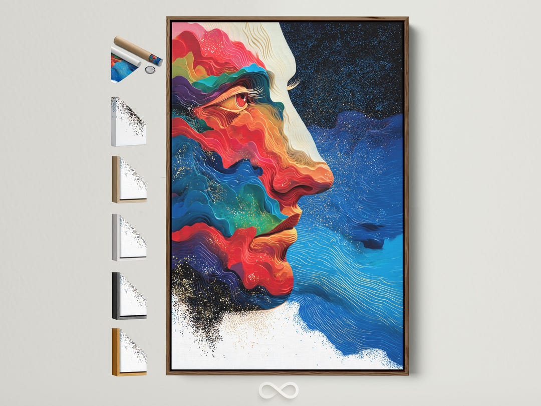 Abstract Face Canvas Print - Red, Blue, Gold Wall Art, Contemporary ...