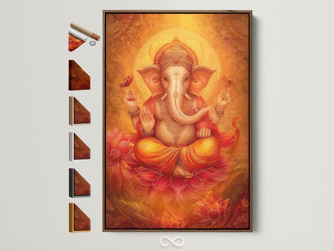 Ganesha Canvas Art - Hindu God Wall Print, Golden Orange Spiritual Art ...