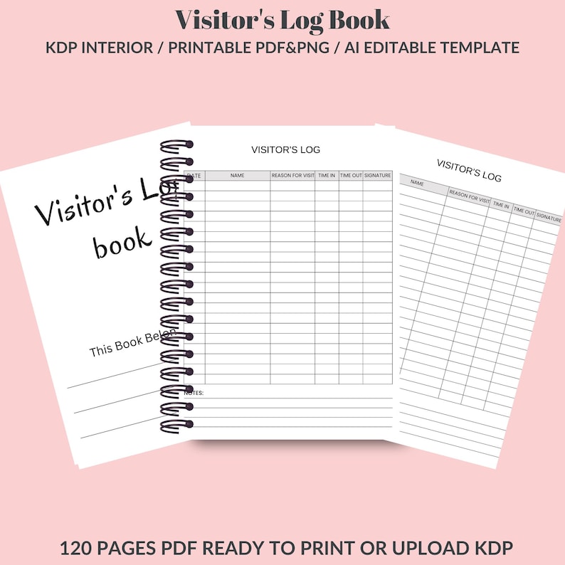 Visitors Log Book – Printable Guest Sign in Sheet, Canva Template, PDF ...
