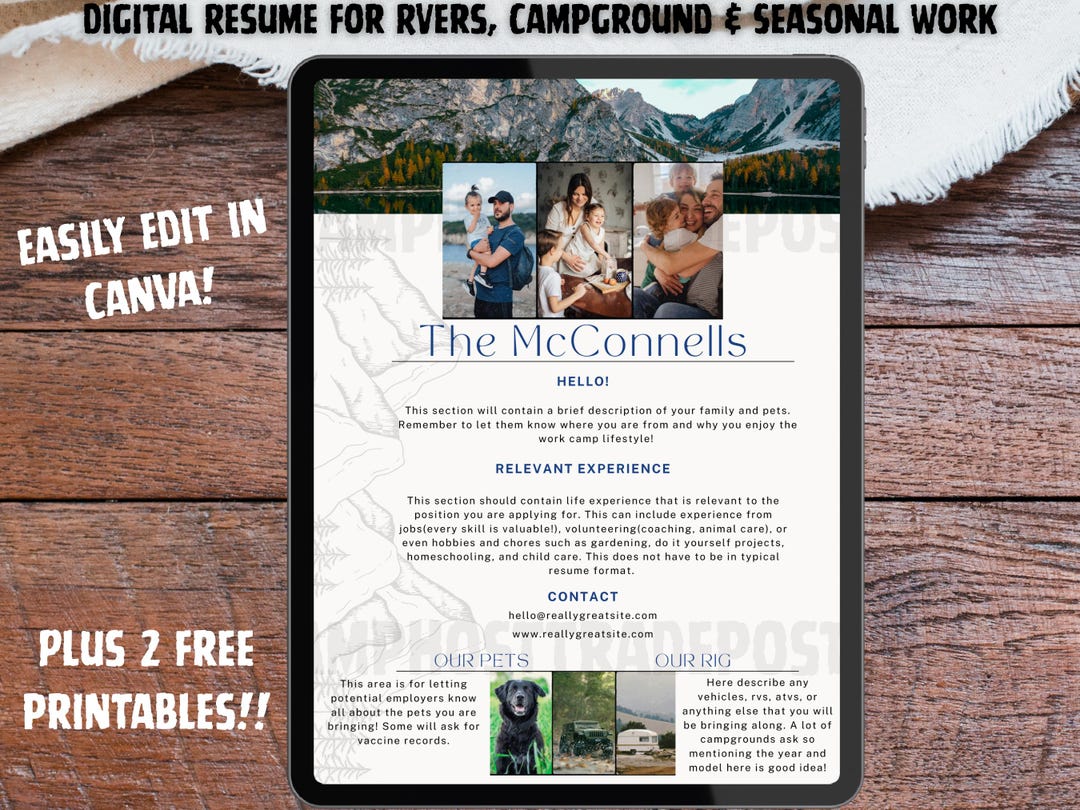 Digital Seasonal Job Resume | Mountain Family Resume | Editable Rver ...
