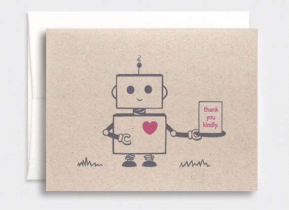 Thank You Card Cute Robot Brown Recycled Card Nerdy - Etsy