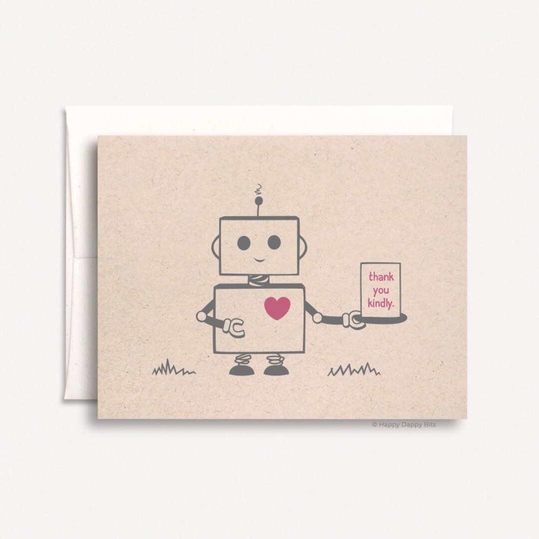 Thank You Card - Cute Robot, Brown Recycled Card, Nerdy, Kawaii - Thank ...