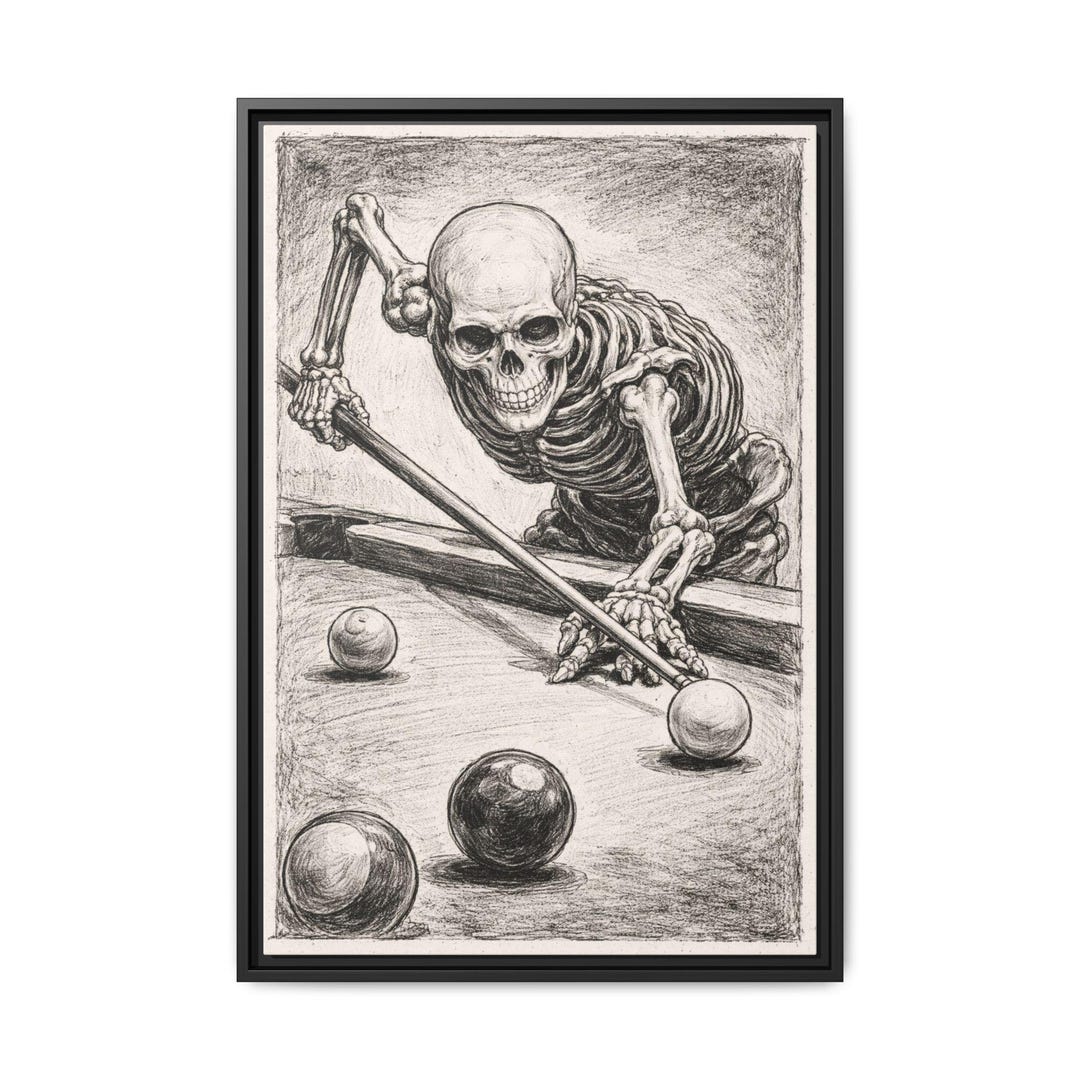 Skeleton Playing Pool Wall Art Matte Canvas Framed | Billiards Skull ...