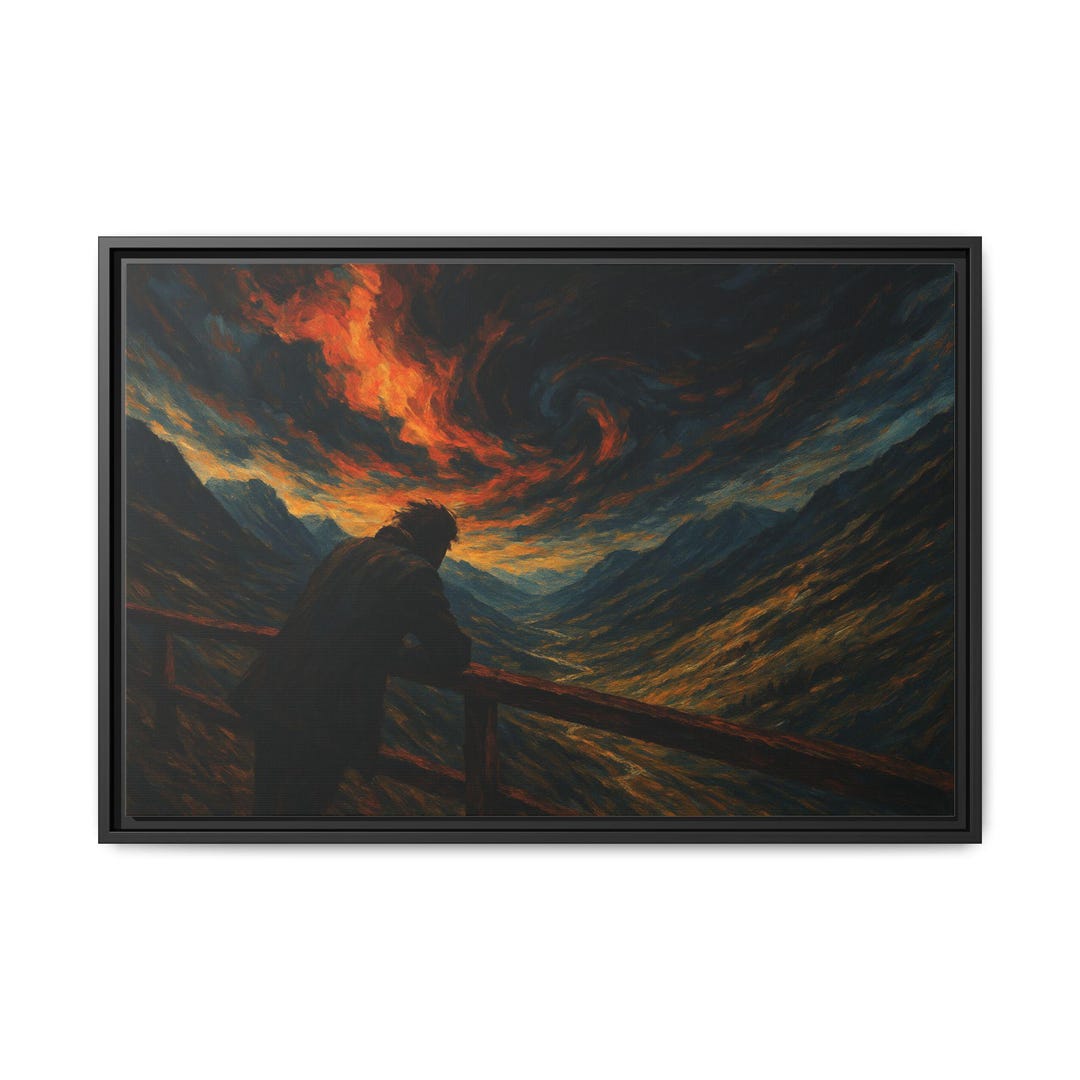 Silhouette on Balcony With Fiery Sky Matte Canvas Framed | Landscape ...