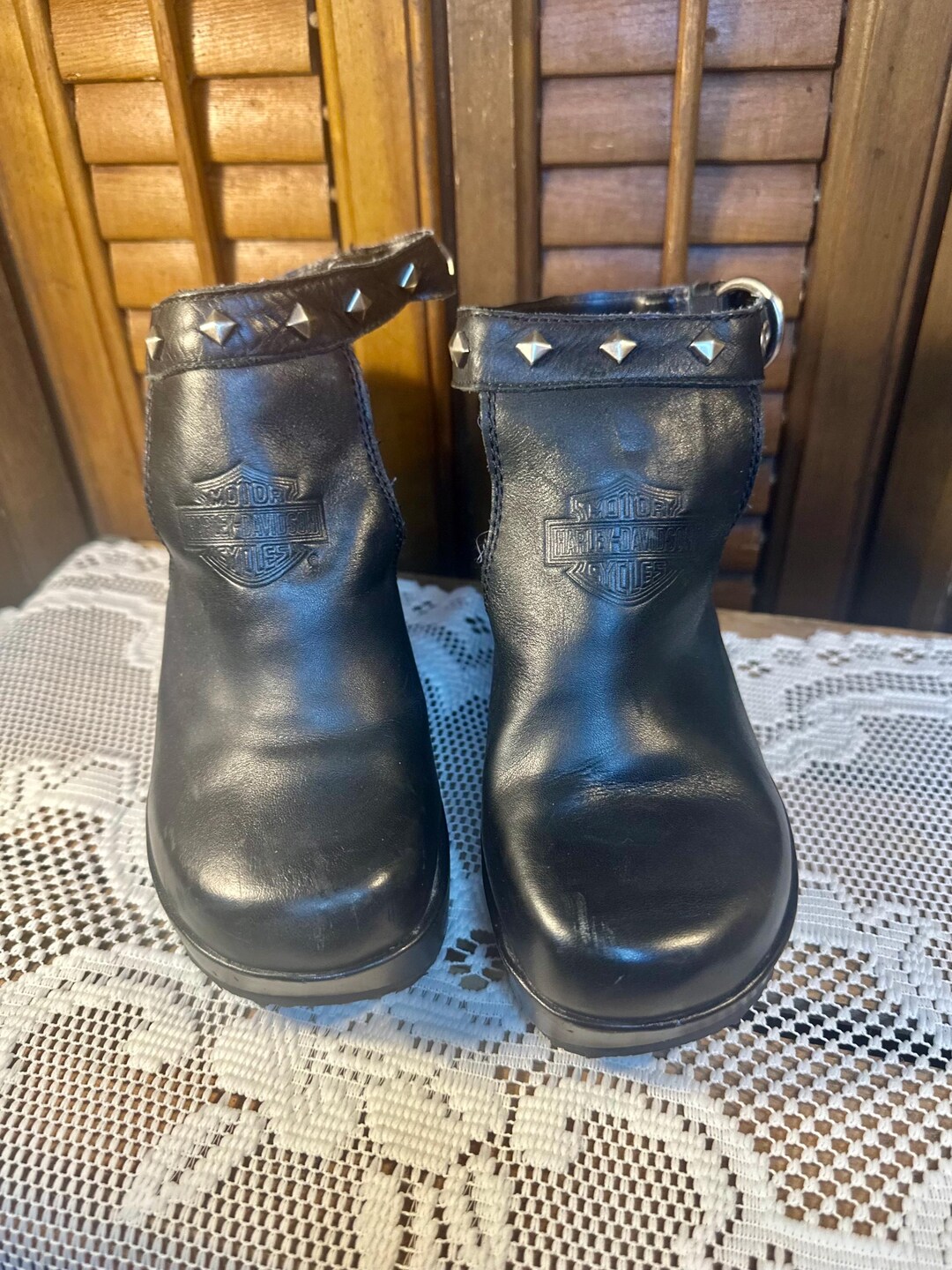 Y2K Vintage Harley-davidson Black Leather Studded Straps Wedge Clogs ...