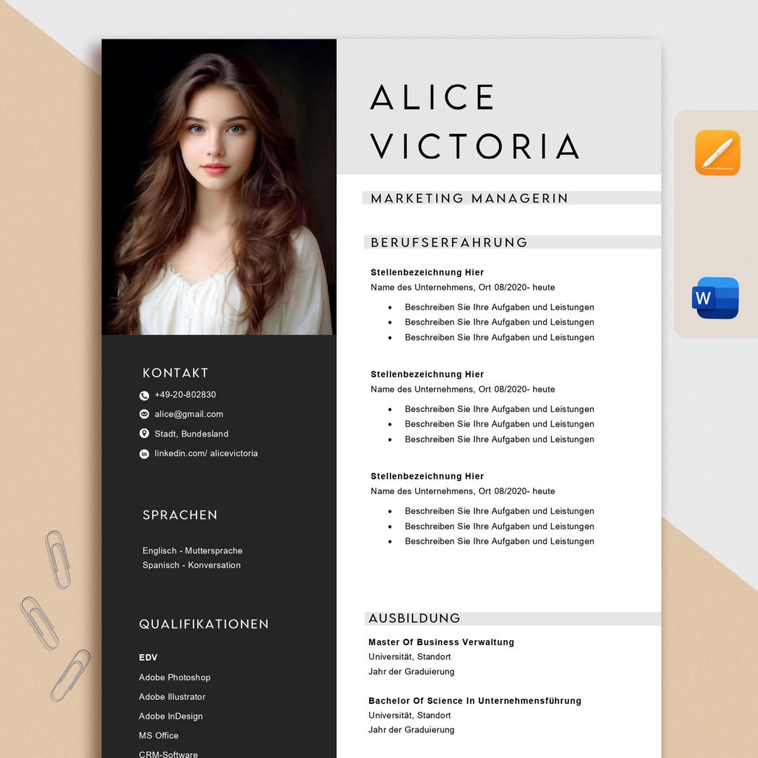 Modern German Resume Template, Cover Letter, Pages, Word - Etsy