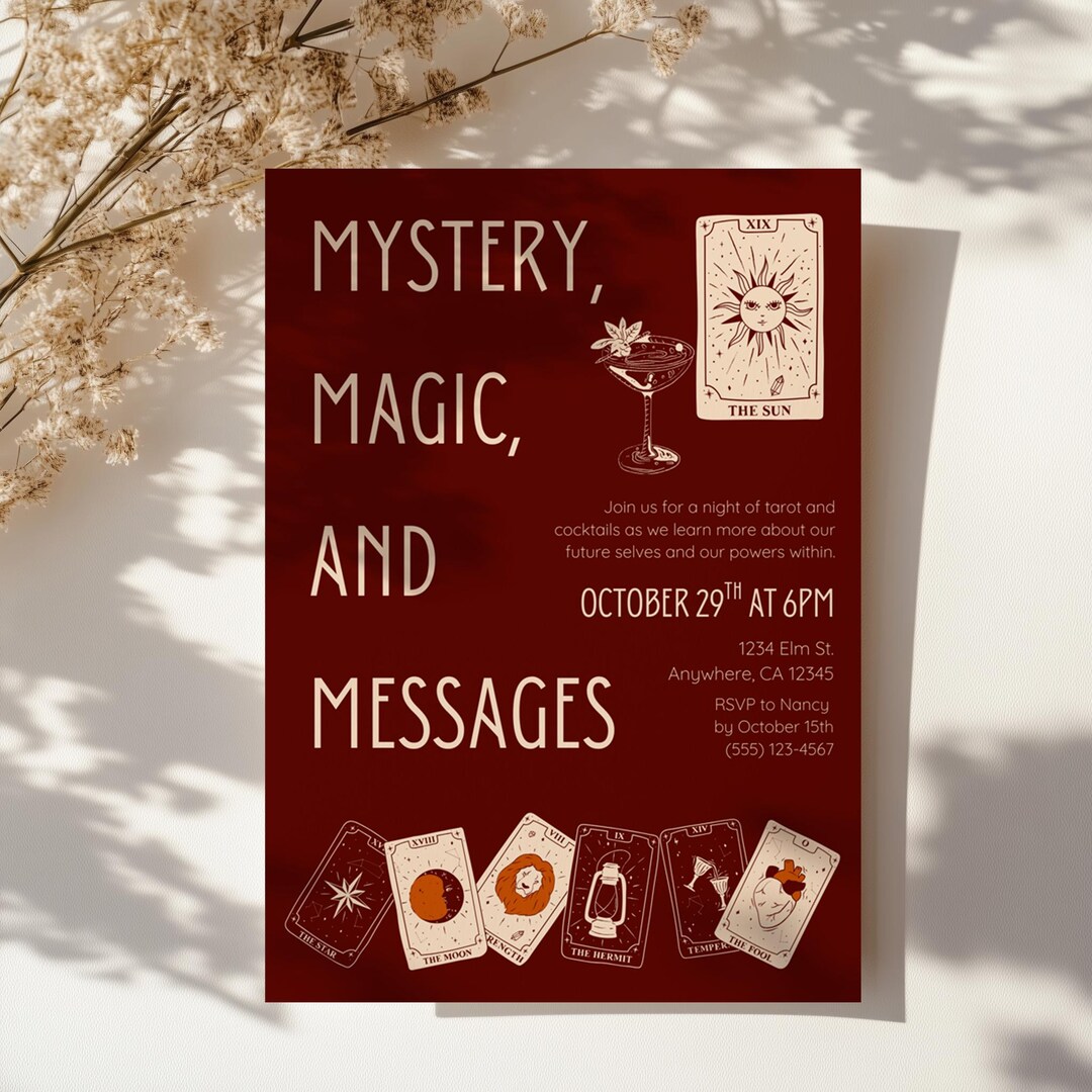 Tarot Reading Party Editable Invitation Template: Burgundy Art Nouveau ...