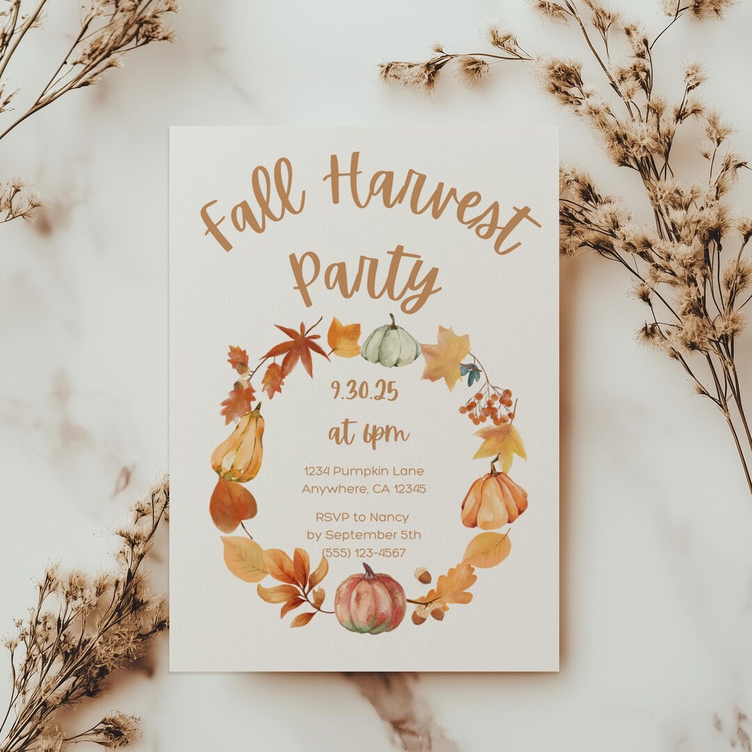 Fall Harvest Party Invitation Template, Autumn Family Event Editable ...