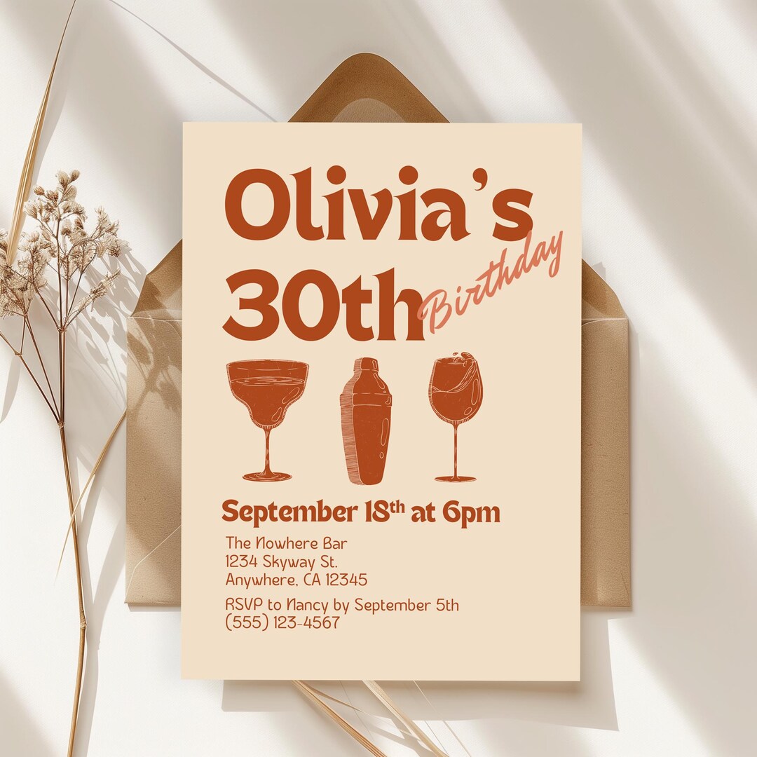 Retro 30th Birthday Drinks Invitation Template, Editable Canva Invite ...