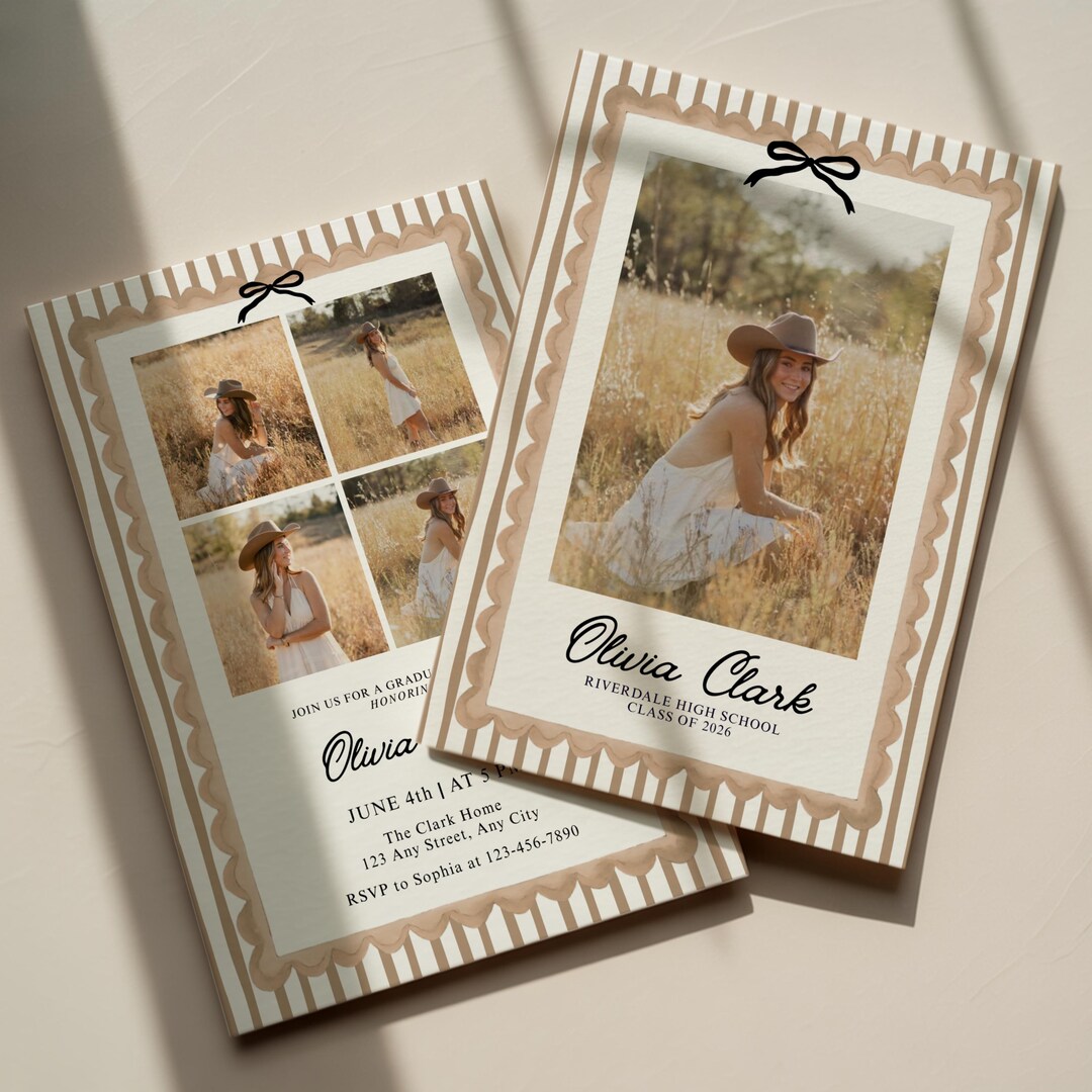 Neutral Striped Graduation Announcement Template | Class of 2026 Preppy ...