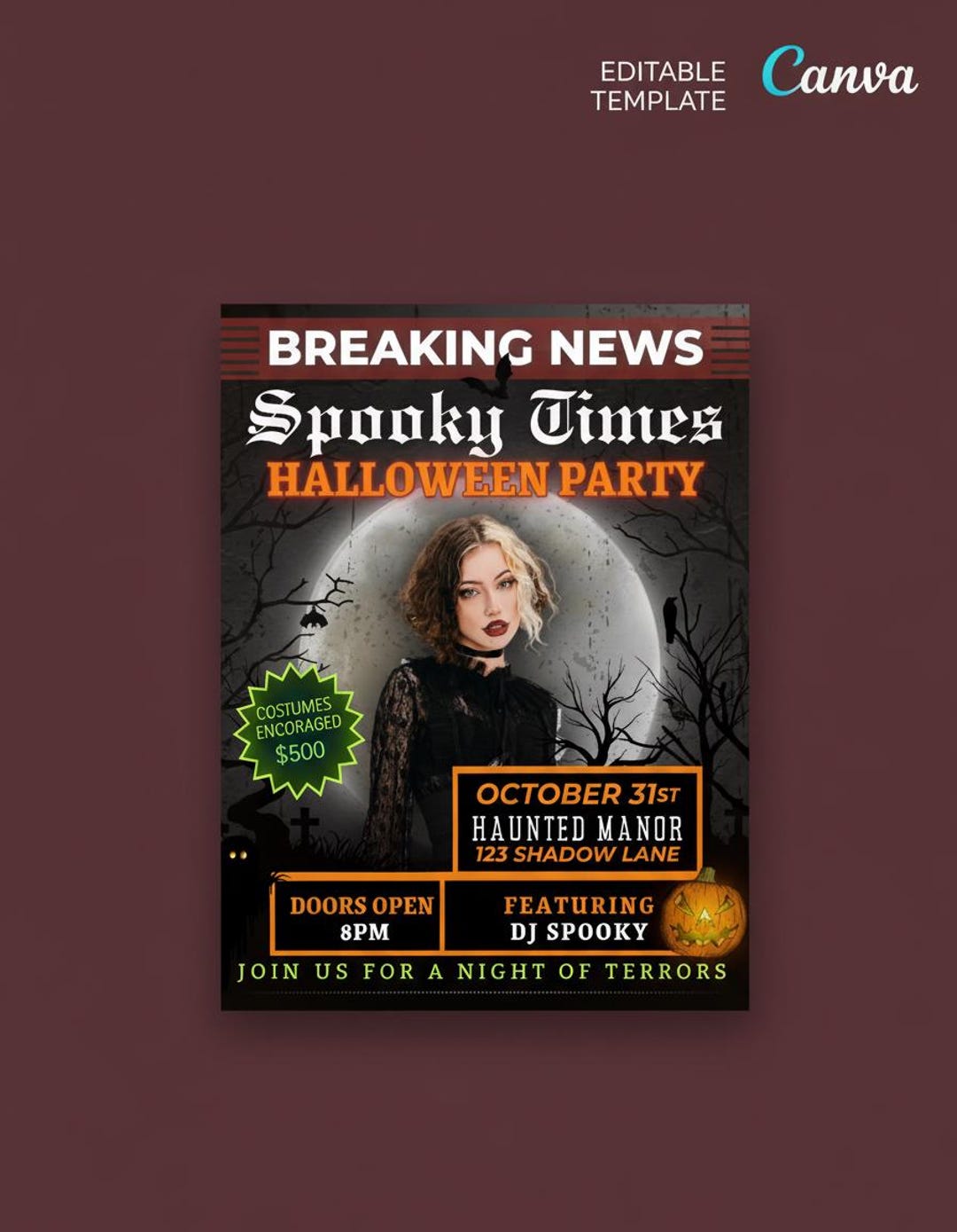 Gothic Halloween Party Flyer Template: Spooky Times Event Invite (canva ...