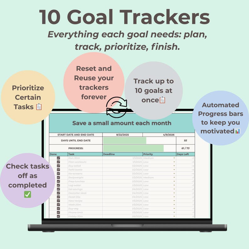 2026 Goal Tracker Google Sheets Template — 10-goal Planner, Smart Per ...