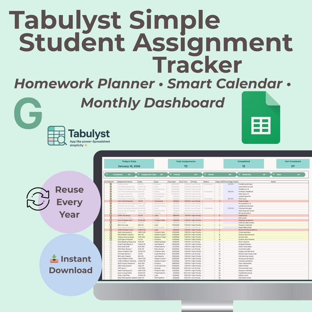 Simple Student Assignment Tracker: Smart Calendar, Google Sheets ...