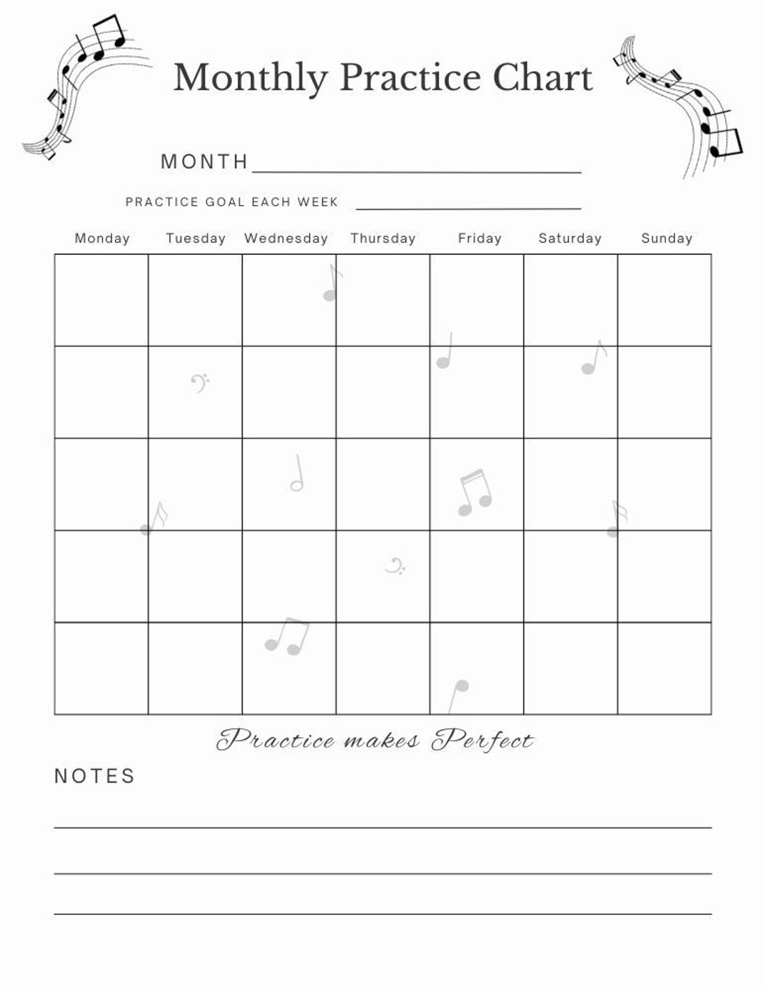 Printable Monthly Music Lesson Practice Chart; Student Instrument Log ...